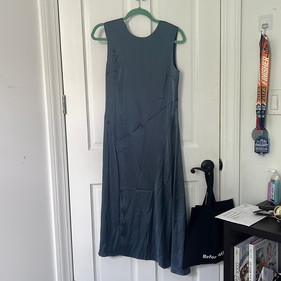 Theory | Dresses | Sleeveless Angled Seam Dress In Satin Blue Forest ...